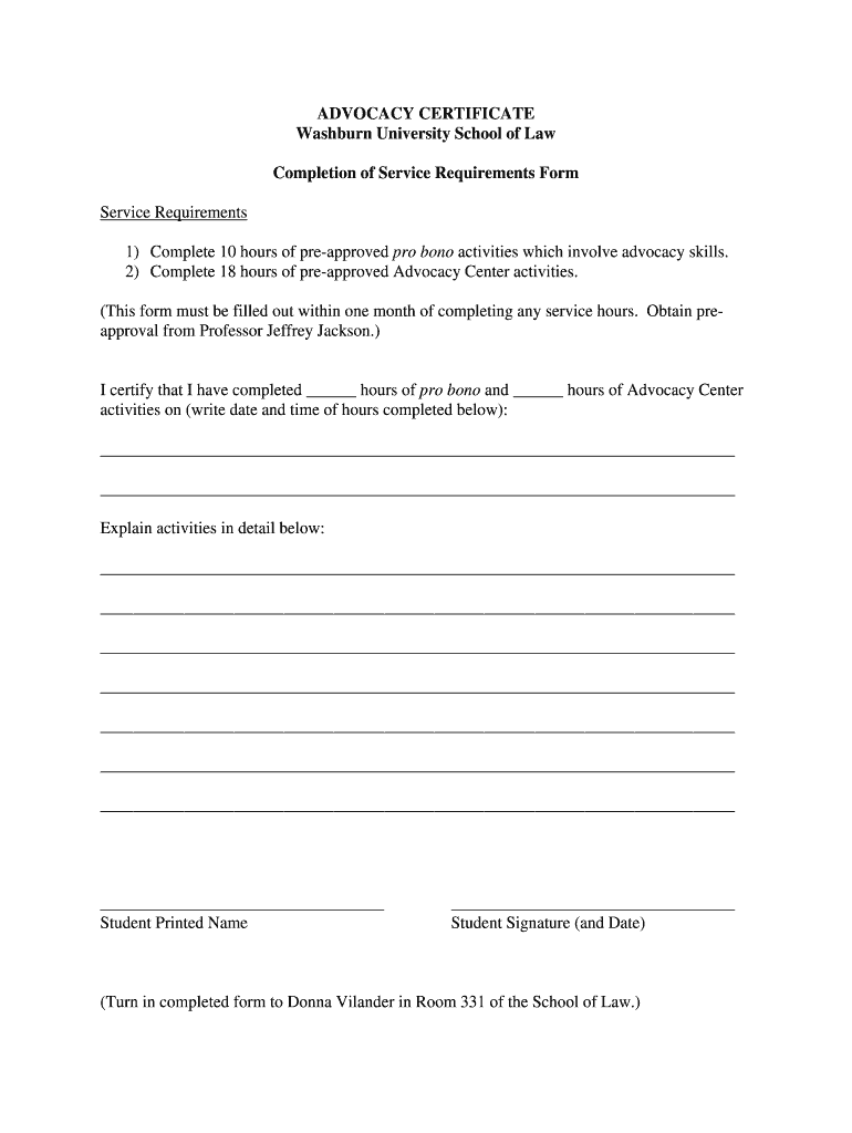 Fillable Online Advocacy Certificate - Completion of Service ...