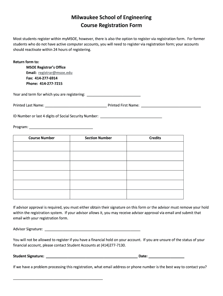 Fillable Online Most students register within myMSOE, however, there is ...