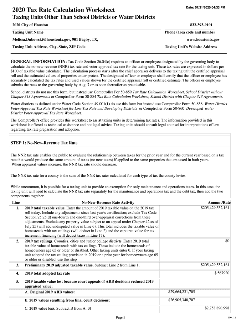 Fillable Online 2020 Tax Rate Calculation Worksheet Fax Email Print ...
