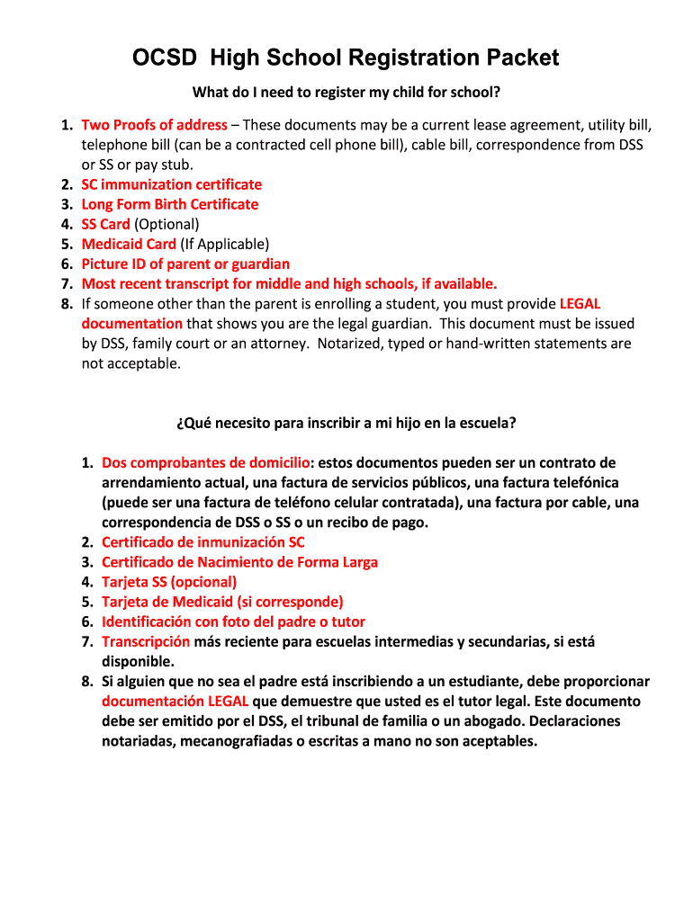 Fillable Online OCSD High School Registration Packet - Orangeburg ...