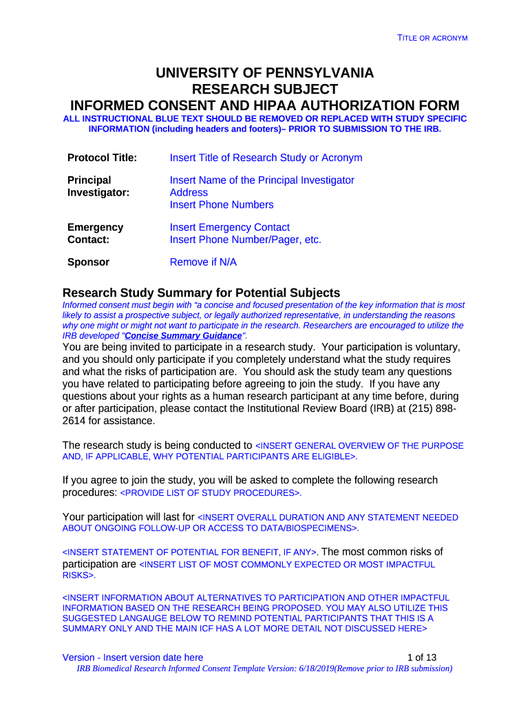 Ined Consent Template (Biomedical) - upenn irb Doc Template | pdfFiller