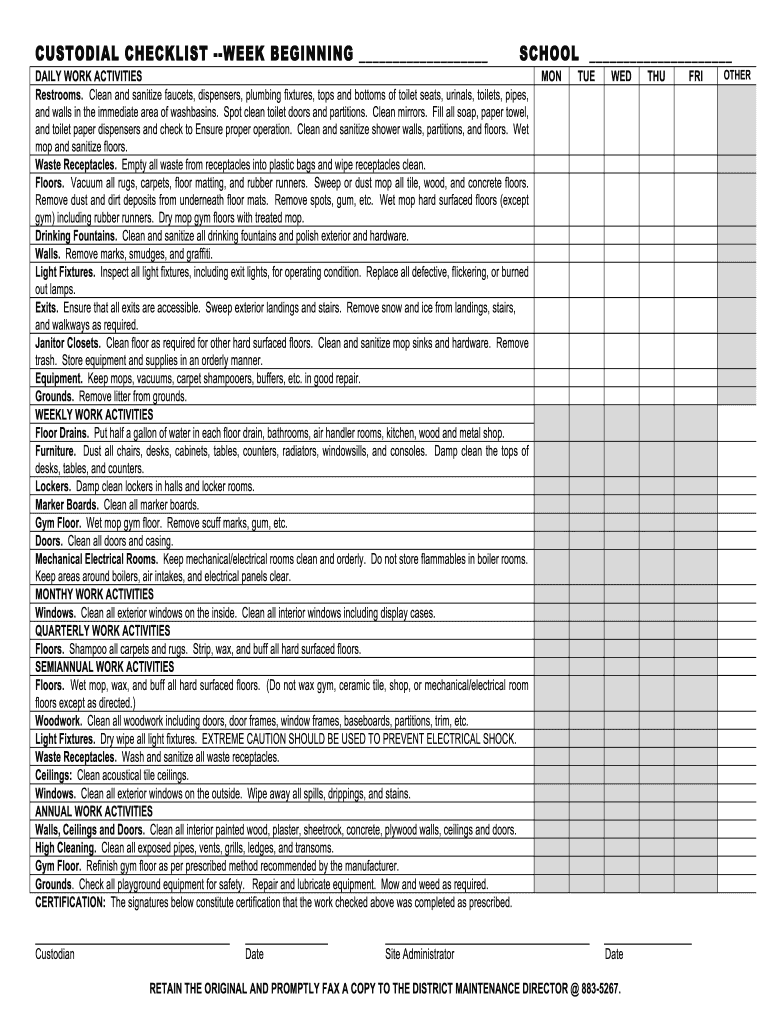 Fillable Online CUSTODIAL CHECKLIST --WEEK BEGINNING Fax Email Print ...