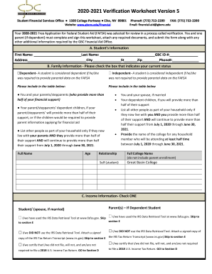Fillable Online 2020-2021 Verification Worksheet Version 1 - Great Basin ... Fax Email Print ...