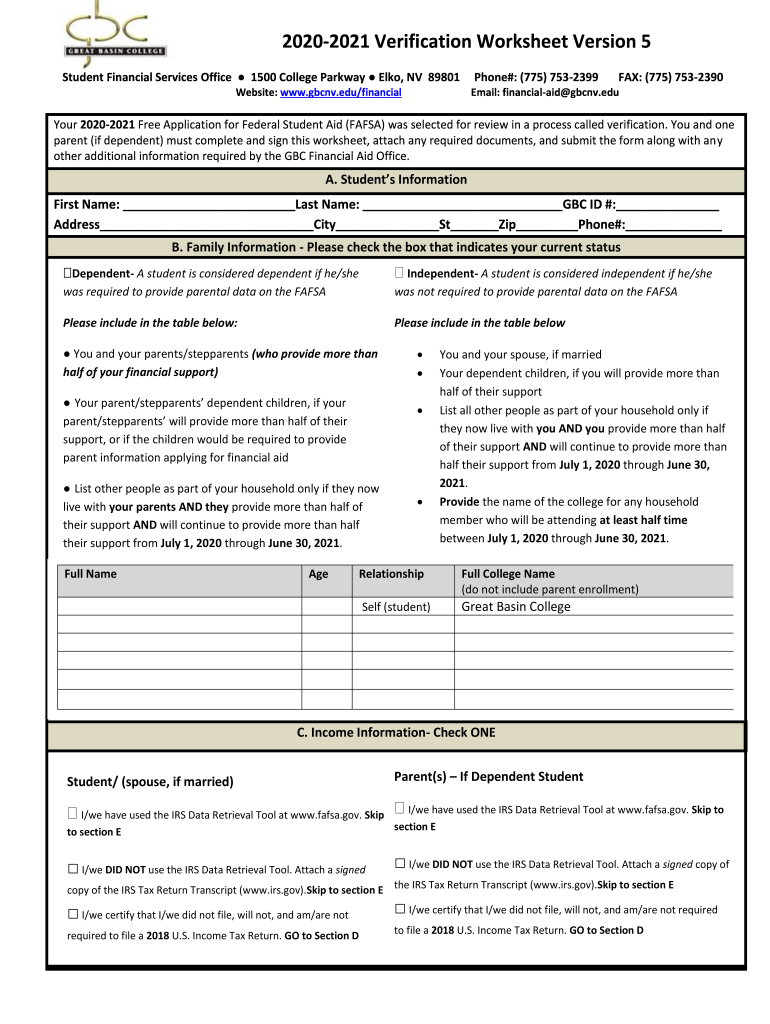 Fillable Online 2020-2021 Verification Worksheet Version 1 - Great Basin ... Fax Email Print ...
