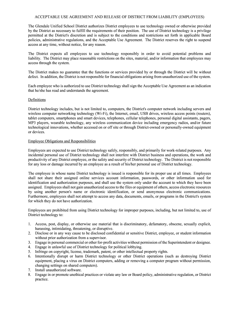 Fillable Online ACCEPTABLE USE AGREEMENT AND RELEASE OF DISTRICT FROM ...