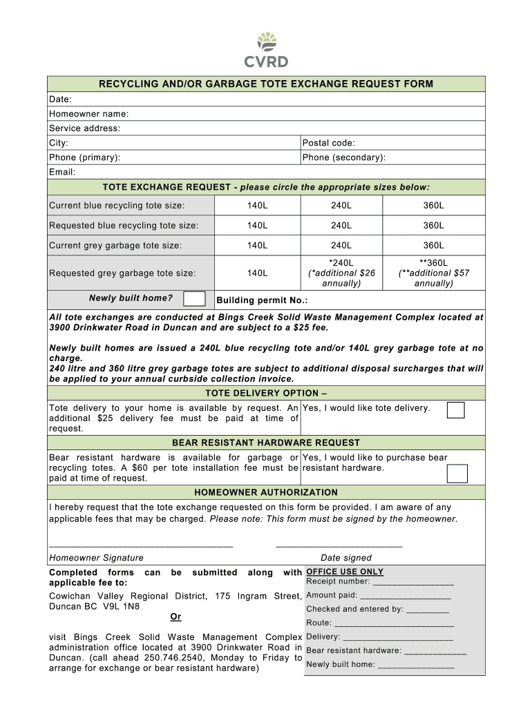 Fillable Online PDF recycling and/or garbage tote exchange request form ...