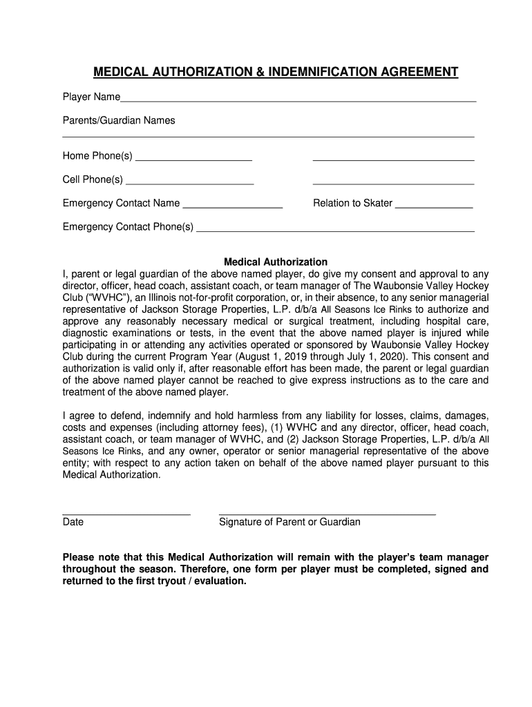 Fillable Online MEDICAL AUTHORIZATION & INDEMNIFICATION AGREEMENT Fax ...