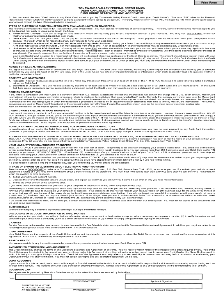 Fillable Online TONAWANDA VALLEY FEDERAL CREDIT UNION DEBIT CARD/ELECTRONIC ... Fax Email Print ...