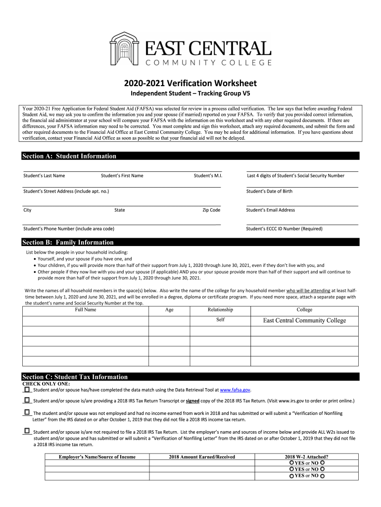Fillable Online 2018 2019 Verification Worksheet Independent Student ... Fax Email Print - pdfFiller