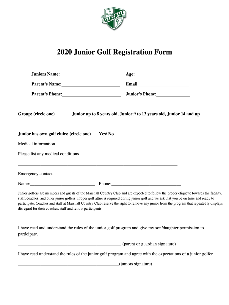 Fillable Online 2020 Junior Golf Registration Form Fax Email Print ...