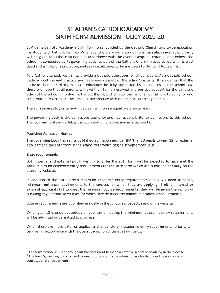Fillable Online ST AIDANS CATHOLIC ACADEMY SIXTH FORM ADMISSION POLICY ...