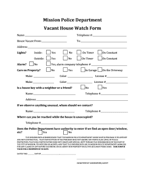 Fillable Online Mission Police Department Vacant House Watch Form Fax ...