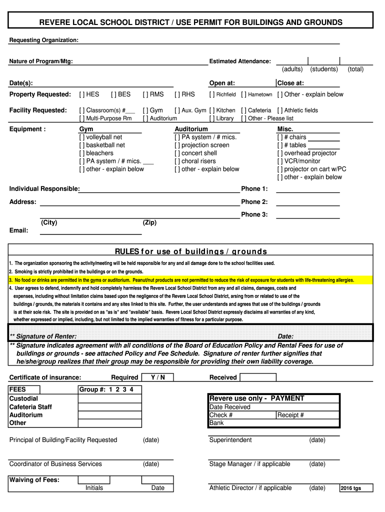 Fillable Online REVERE LOCAL SCHOOL DISTRICT / USE PERMIT FOR BUILDINGS ...