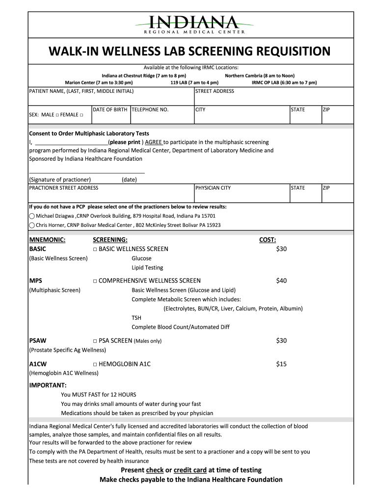 Fillable Online walk-in wellness lab screening requisition - Indiana ...