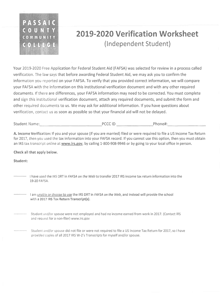 Fillable Online Independent Student Verification Worksheet 2019-2020 ... Fax Email Print - pdfFiller