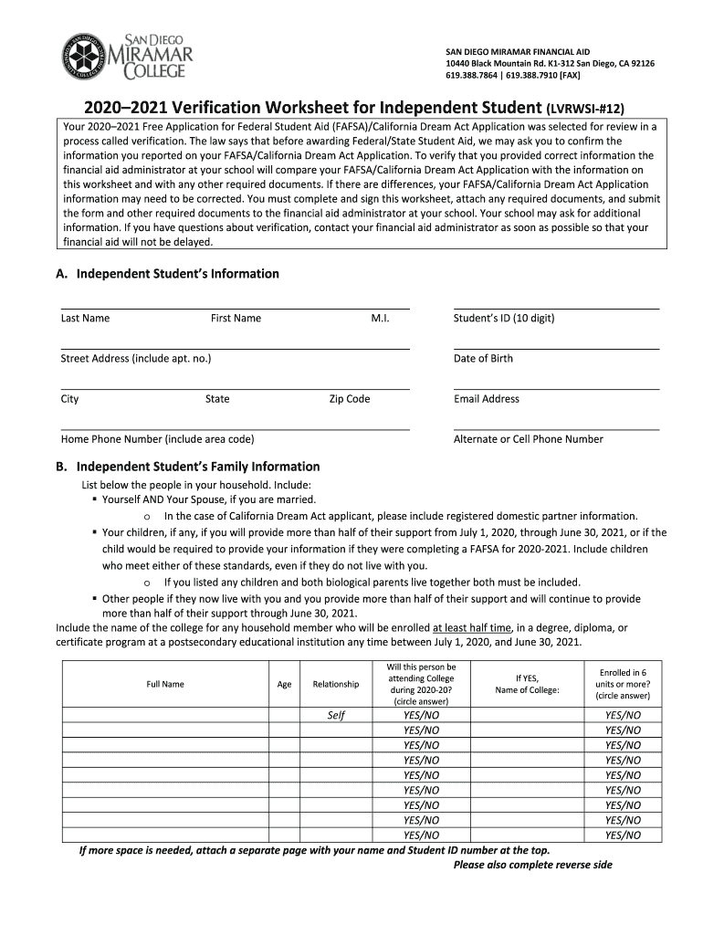 Fillable Online 20202021 Verification Worksheet for Independent Student (LVRWSI-#12) Fax Email ...