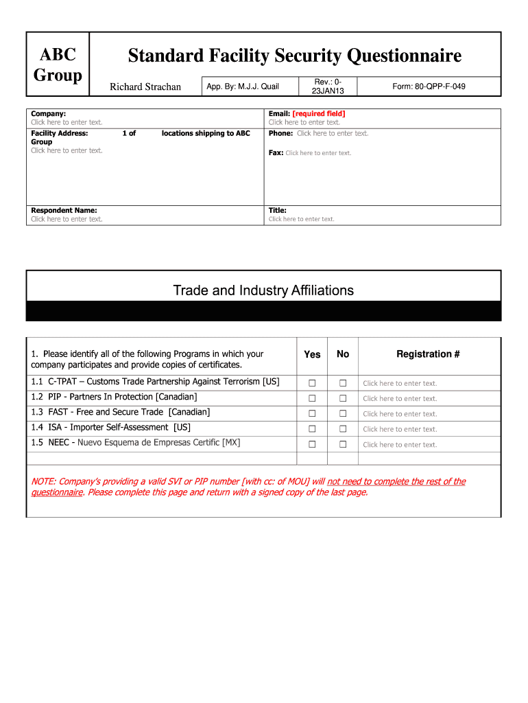 Fillable Online Standard Facility Security Questionnaire (80-QPP-F-049 ...