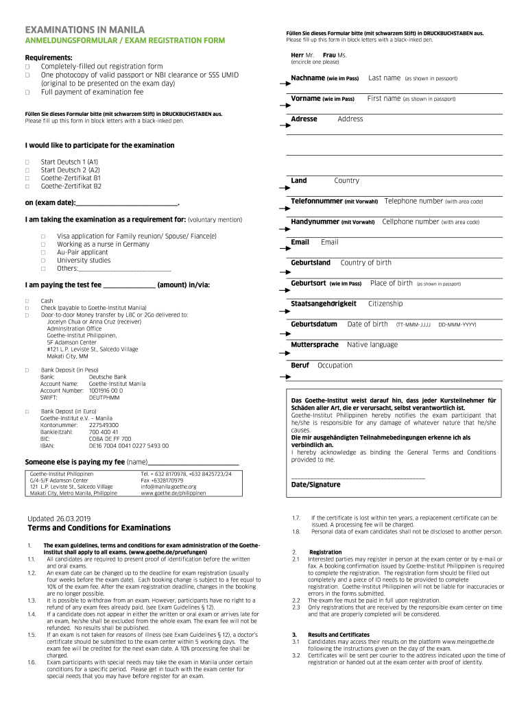 Fillable Online Fillable Online ANMELDUNG / REGISTRATION EXAMINATIONS IN ... Fax Email Print ...