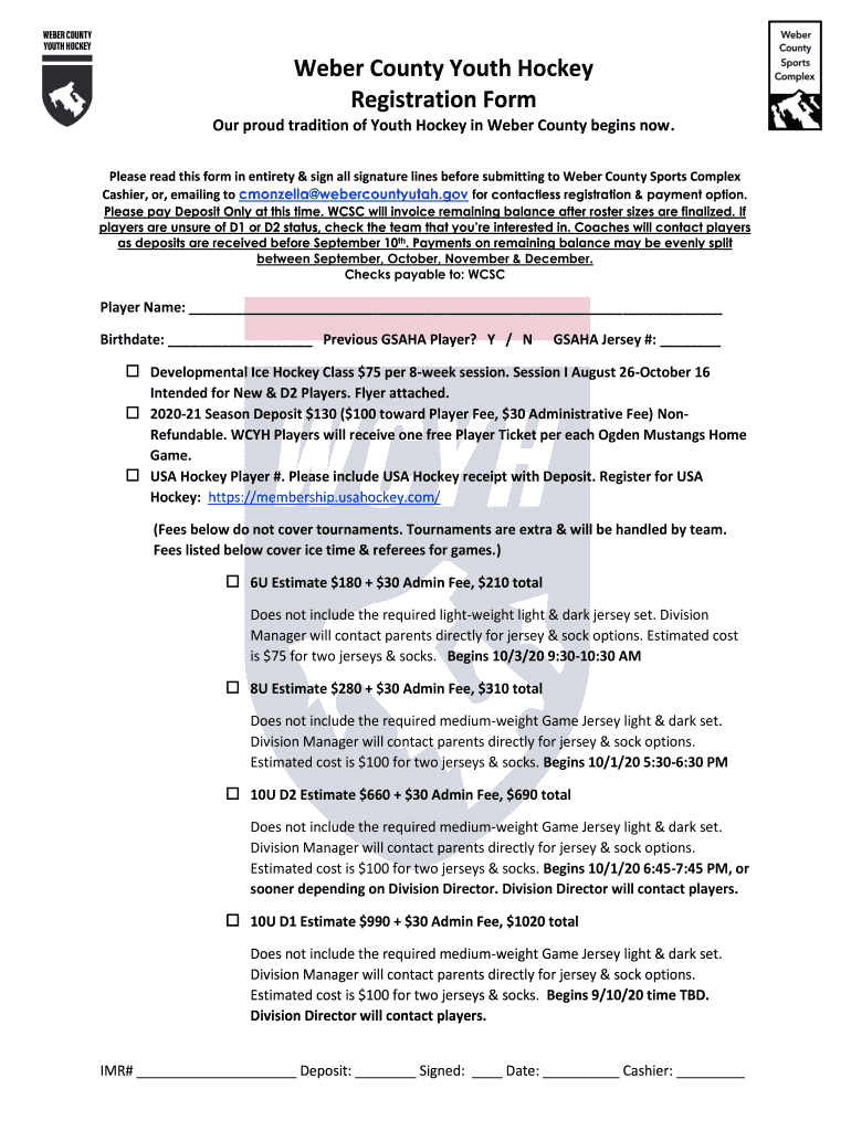 Fillable Online Weber County Youth Hockey Registration Form Fax Email ...