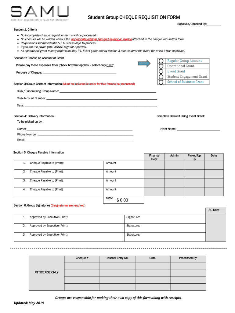 Fillable Online Student Group CHEQUE REQUISITION FORM Fax Email Print ...