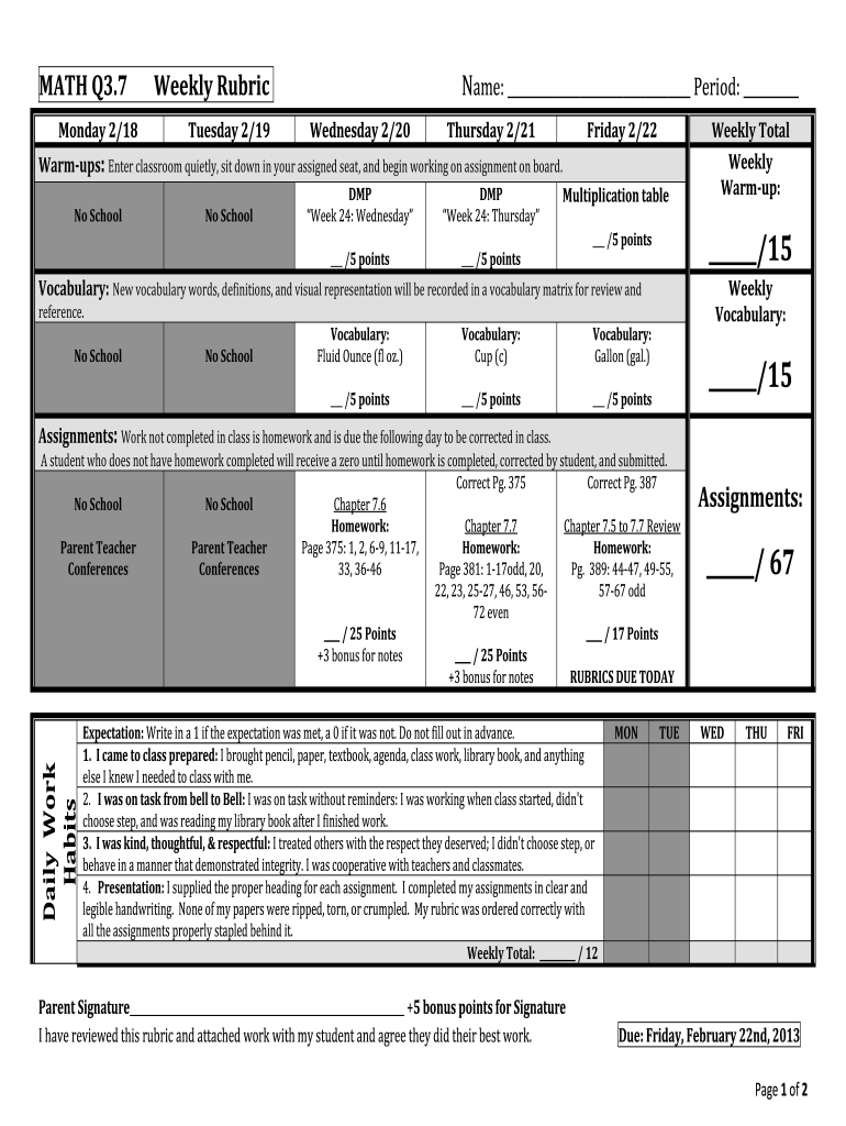 Fillable Online PDF Weekly Homework Sheet Fax Email Print - pdfFiller