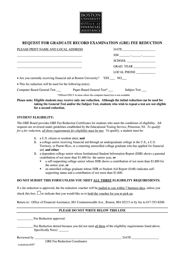 Fillable Online 202021 GRE Fee Reduction Request Form - ETS Fax Email ...