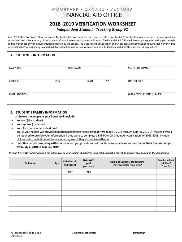 Fillable Online 2018-2019 Verification Worksheet Dependent Student ... Fax Email Print - pdfFiller