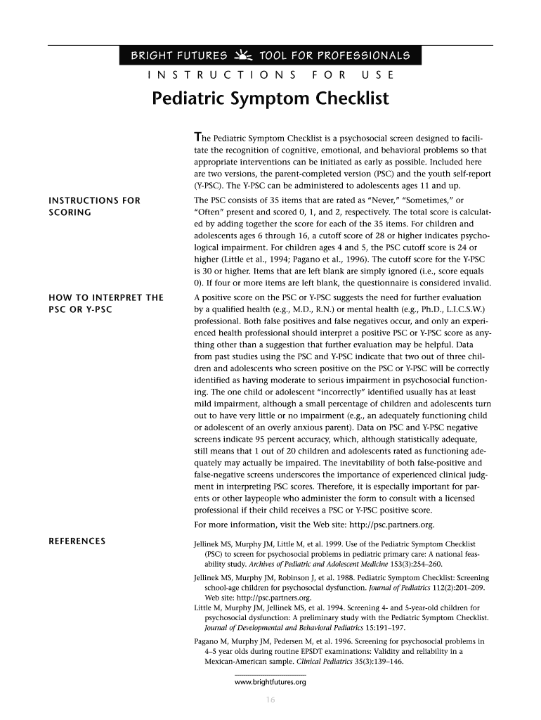 Fillable Online The Pediatric Symptom Checklist is a psychosocial ...