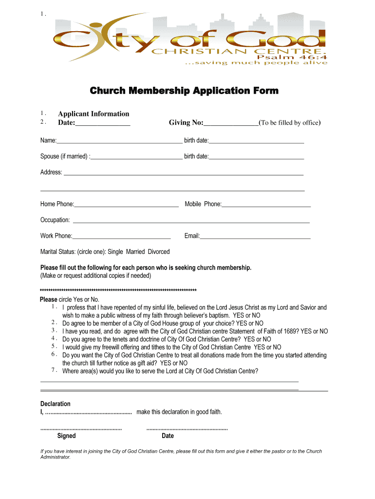 Fillable Online Church Membership Application Form - Fill Any PDF Form ...