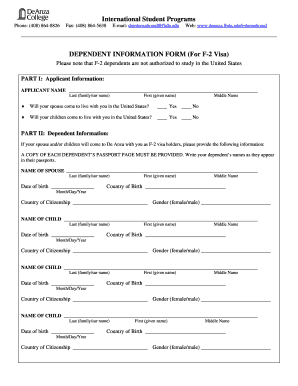 Fillable Online DEPENDENT INFORMATION FORM (For F-2 ... - De Anza ...
