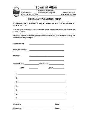 Fillable Online alton nh Burial lot permission form - alton nh Fax ...