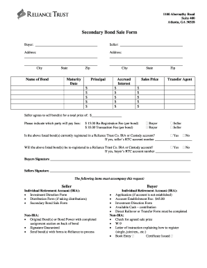 Fillable Online Secondary Bond Sale Form - Reliance Trust Fax Email ...