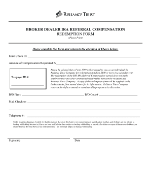 Fillable Online Broker Dealer Redemption Form - Reliance Trust Fax ...