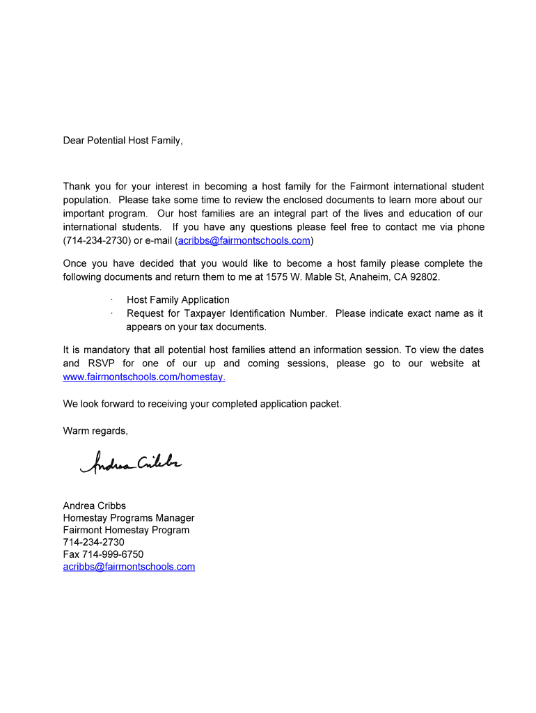Fillable Online Thank you for your interest in becoming a host family for the Fairmont ...
