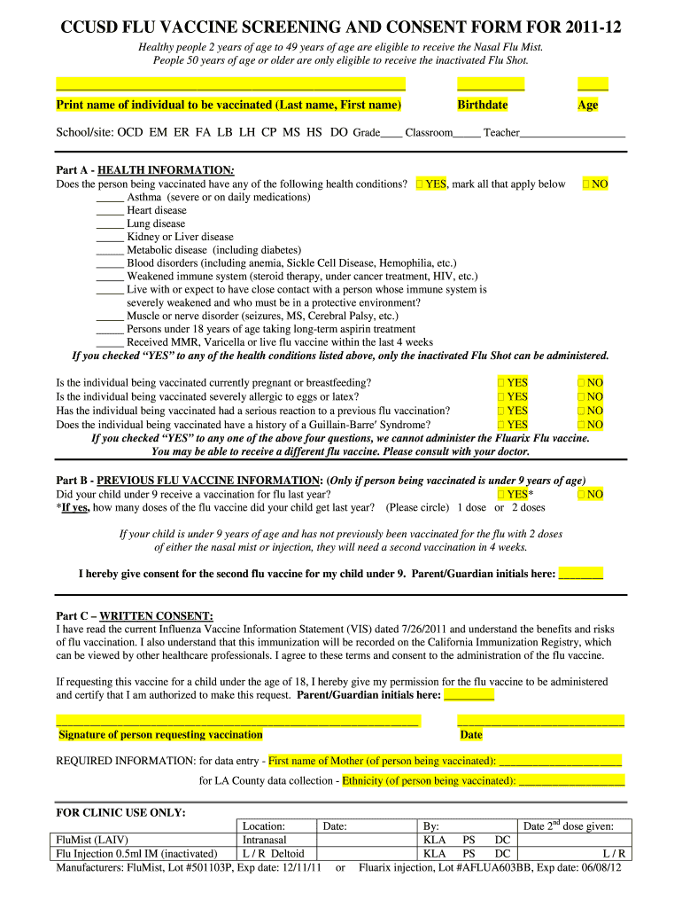Fillable Online ccusd CCUSD FLU VACCINE SCREENING AND CONSENT FORM FOR ...