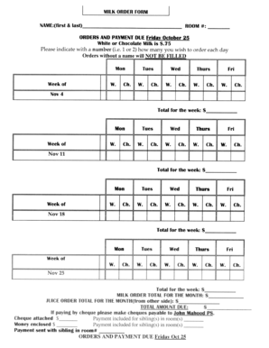 Fillable Online jma wrdsb MILK ORDER FORM NAME:(first & last) ROOM ...