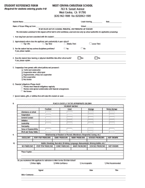 Fillable Online Student Reference Form - West Covina Christian School ...