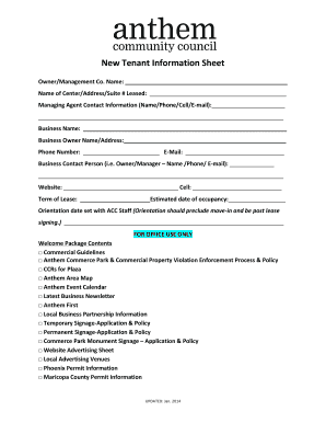 Fillable Online New Tenant Information Sheet - Anthem Fax Email Print ...