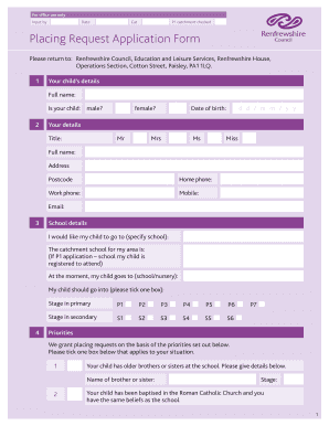 Fillable Online renfrewshire gov Placing Request Application Form - Renfrewshire Council Fax ...