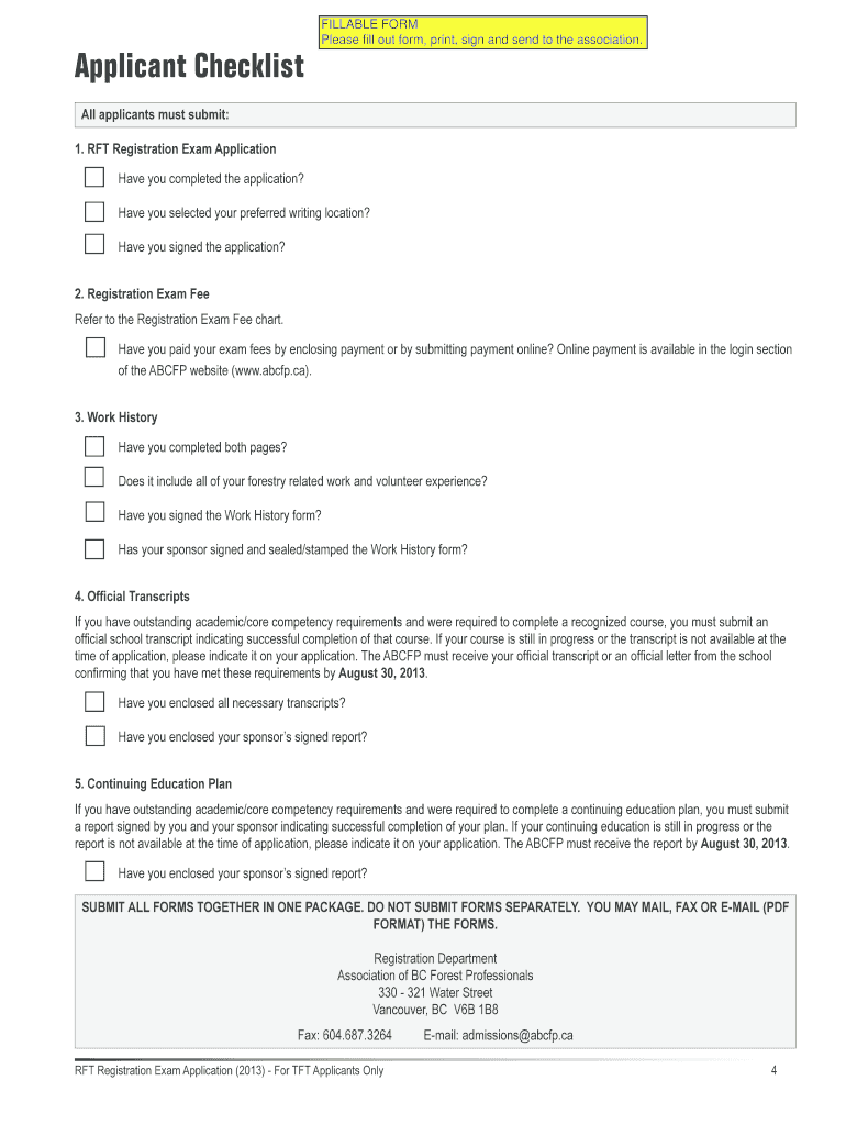 Fillable Online abcfp 2013 RFT Registration Exam Application (For TFT ...
