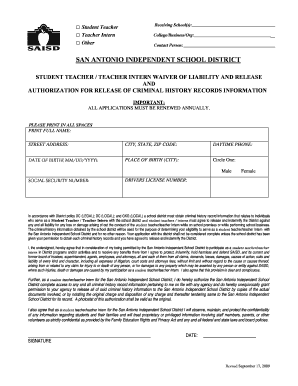 Fillable Online SAISD Student Teacher Waiver - San Antonio Independent ...