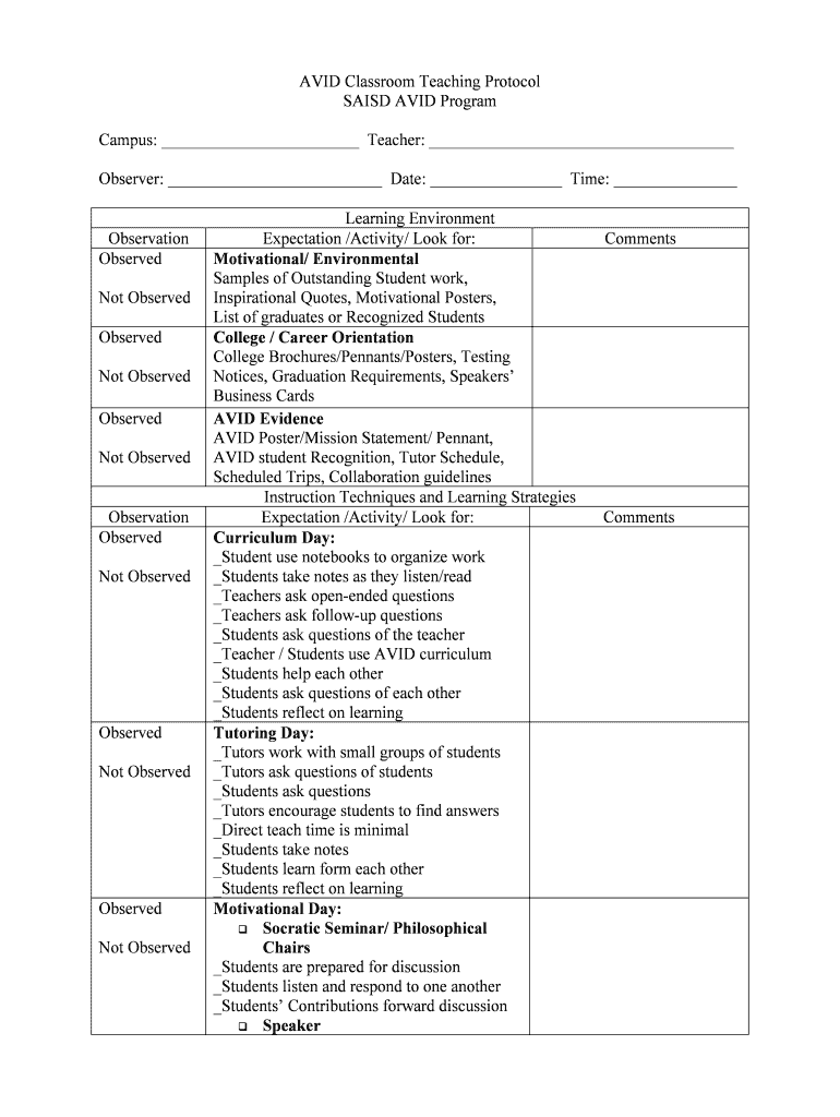 Fillable Online AVID Classroom Teaching Protocol SAISD AVID Program ...