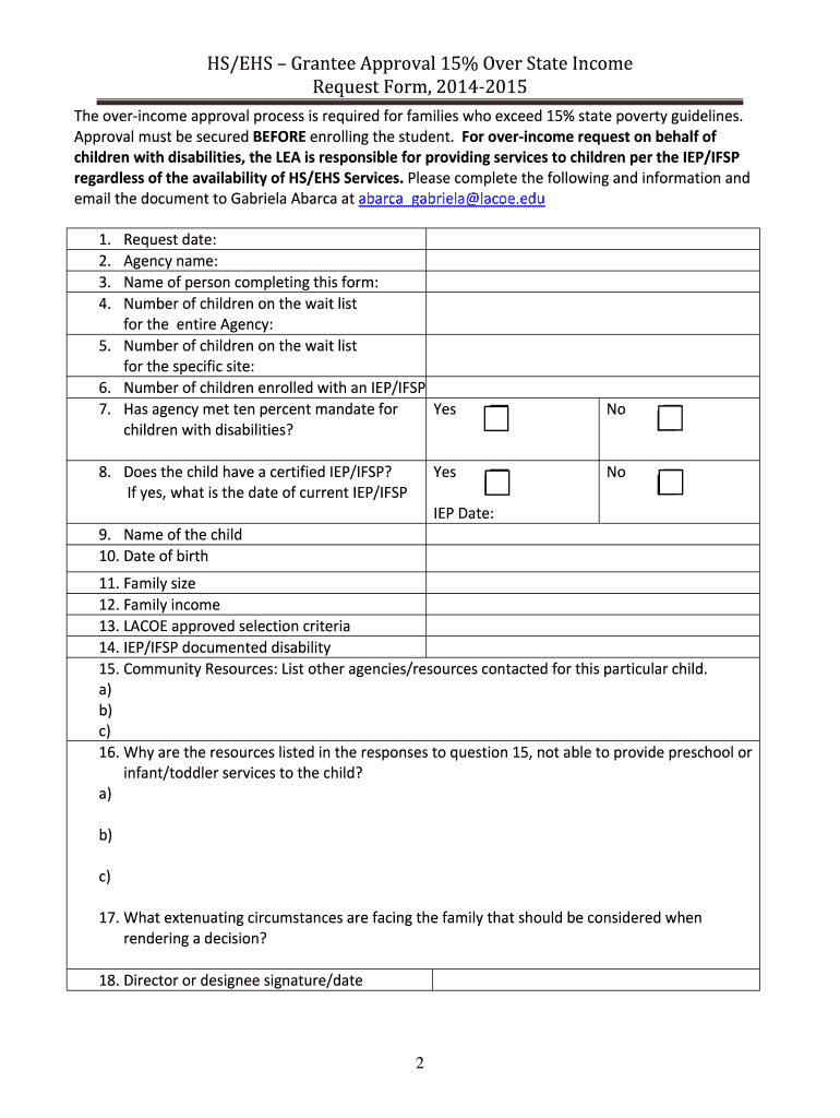 Fillable Online prekkid HS/EHS Grantee Approval 15% Over State Income Request Form ... Fax Email ...