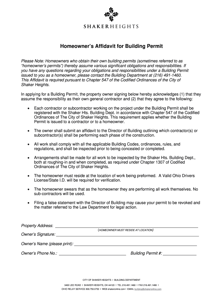 Fillable Online Homeowner39s Affidavit for Building bPermitb - City of ...
