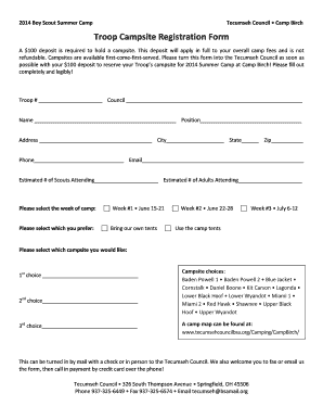Fillable Online tecumsehcouncilbsa Boy Scout Summer Camp Troop Campsite ...