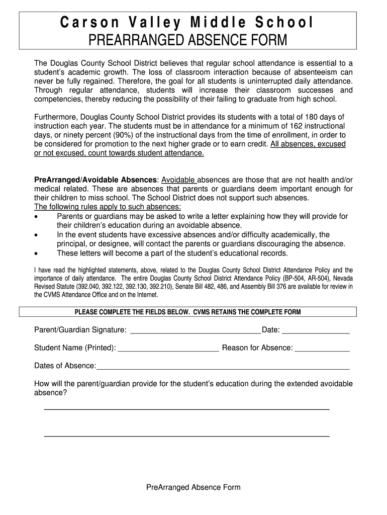 Fillable Online Carson Valley Middle School PREARRANGED ABSENCE FORM ...