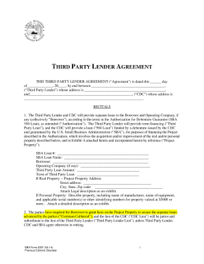 Fillable Online nadco THIRD PARTY LENDER AGREEMENT - SBA.gov Fax Email Print - pdfFiller