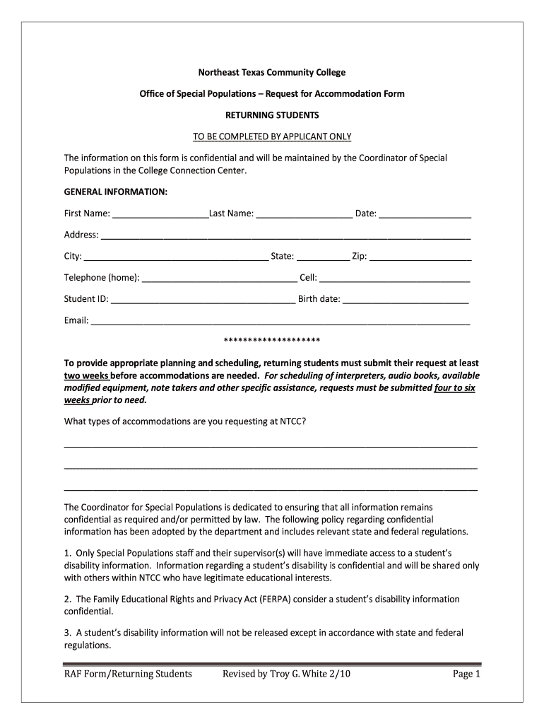 Fillable Online ntcc RAF Form/Returning Students Revised by Troy G ...