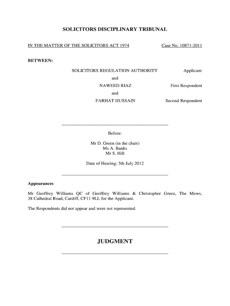 Fillable Online solicitorstribunal org IN THE MATTER OF THE SOLICITORS ...