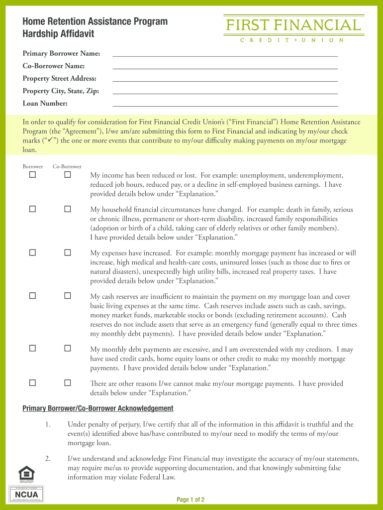 Fillable Online Hardship Affidavit p1 - First Financial Credit Union ...